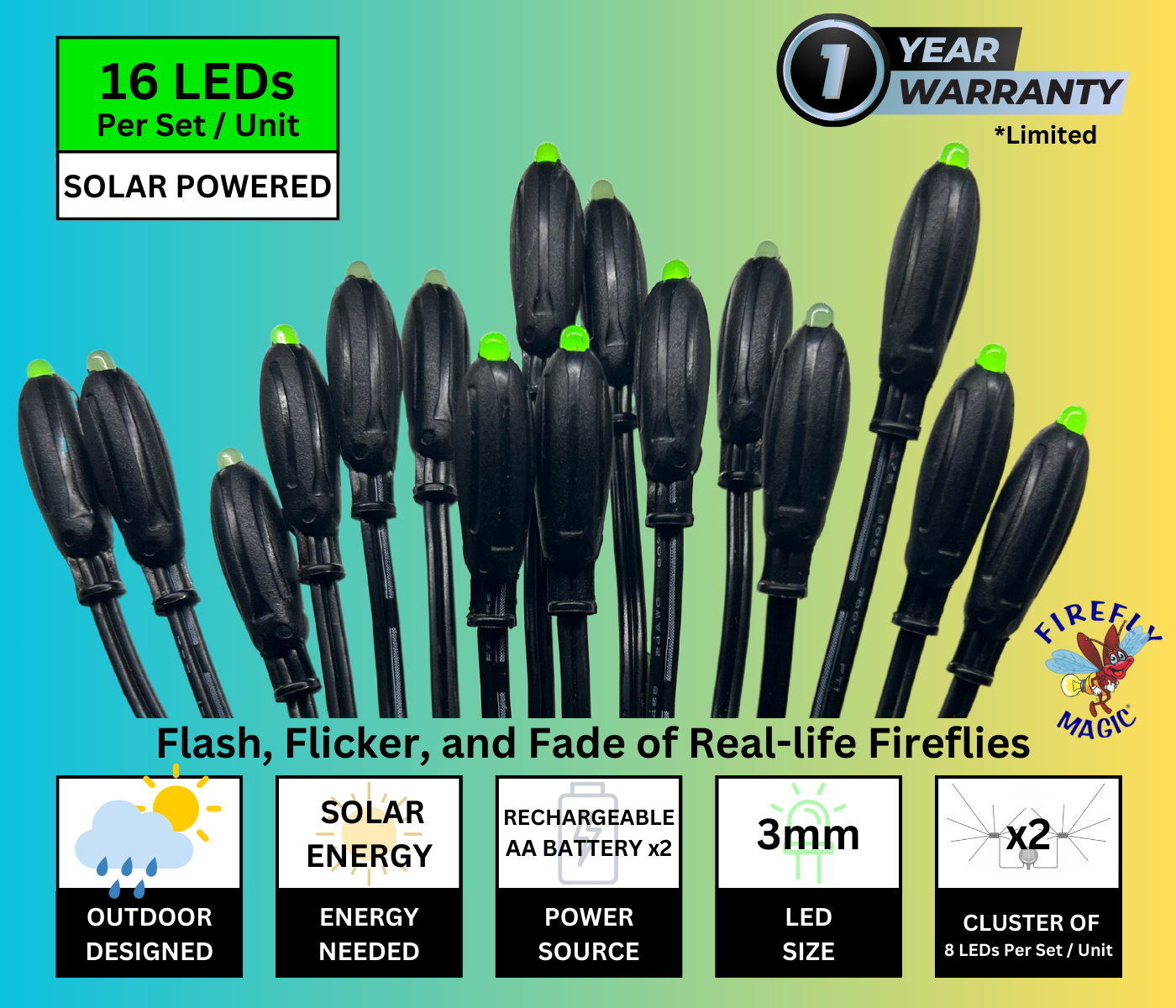 Solar Powered Fireflies – 16 LED’s - Bundled (2 Sets) – Firefly Magic